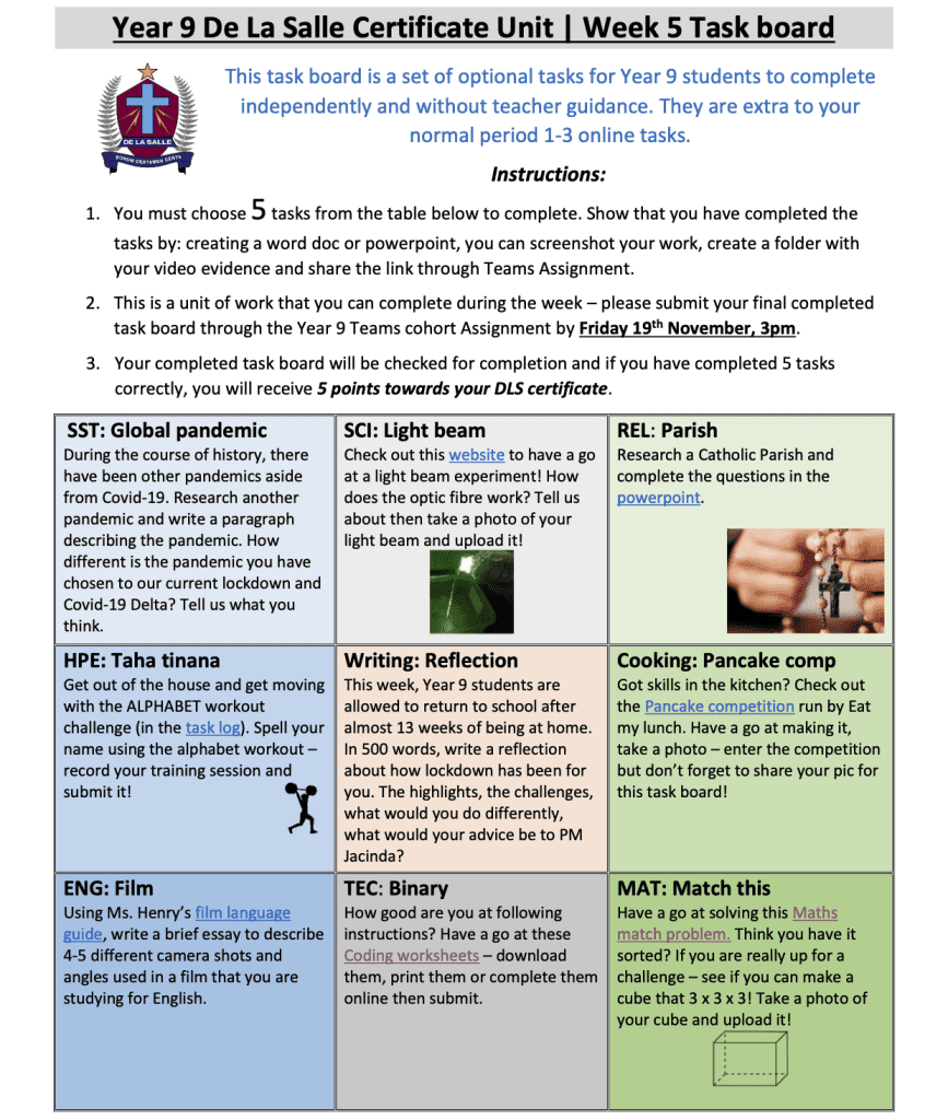 Year 9 & 10 I Week 5 Task Board - De La Salle College
