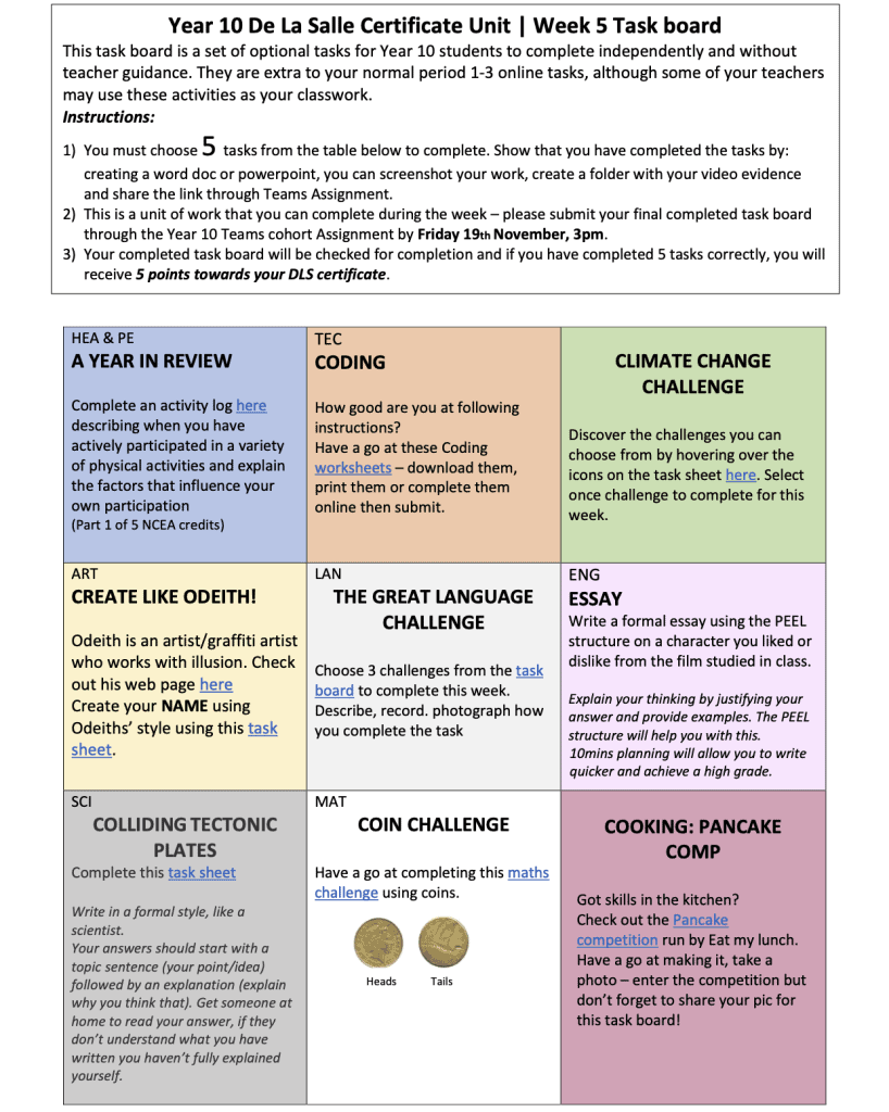 Year 9 & 10 I Week 5 Task Board - De La Salle College