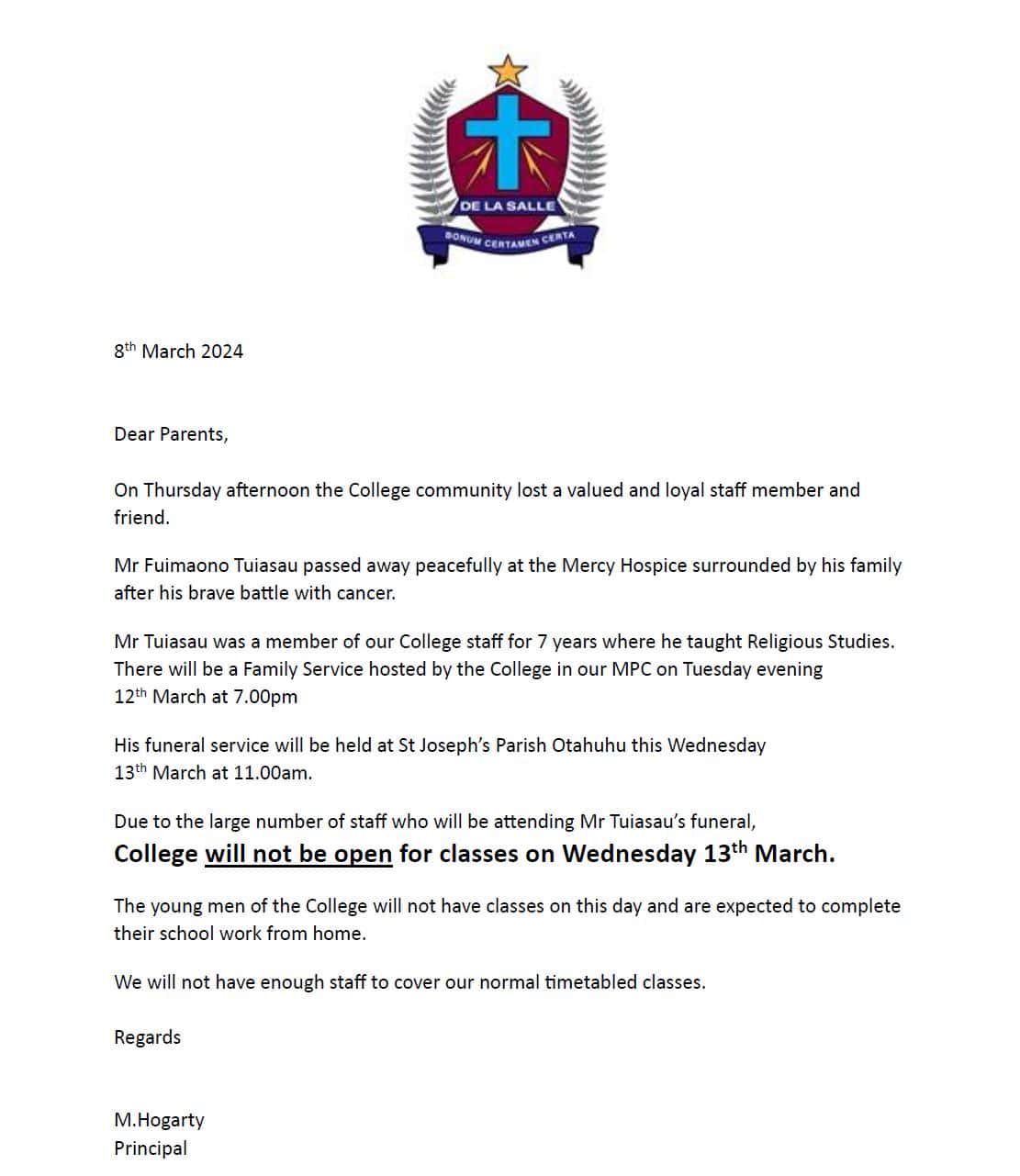 College Closed for Instruction - De La Salle College